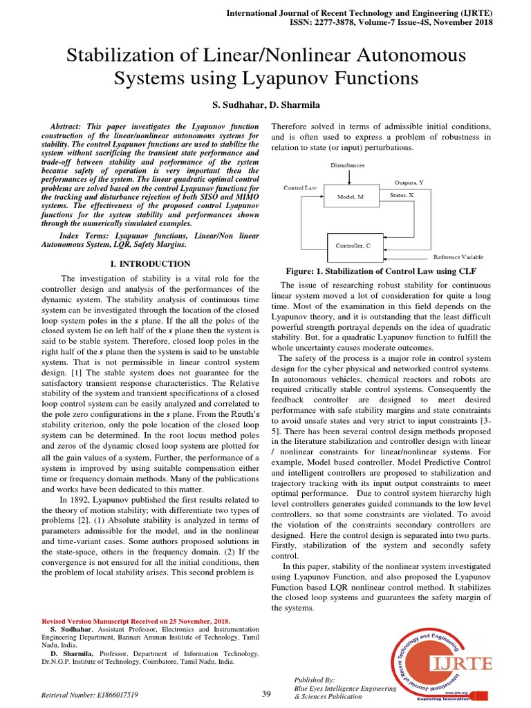 Stabilization of Linear/Nonlinear Autonomous Systems Using Lyapunov Functions | PDF | Control ...