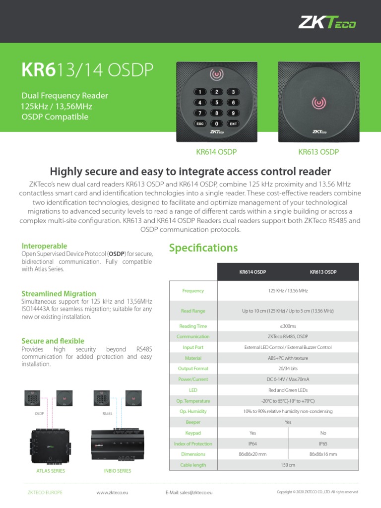 Fisa Tehnica Cititor de Proximitate ZKTeco ACC-ER-KR614-OSDP | PDF ...