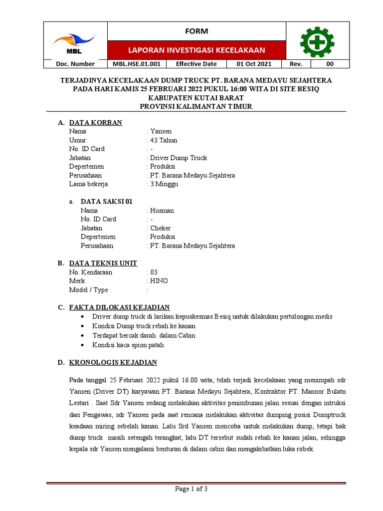 Accident Report Contoh | PDF