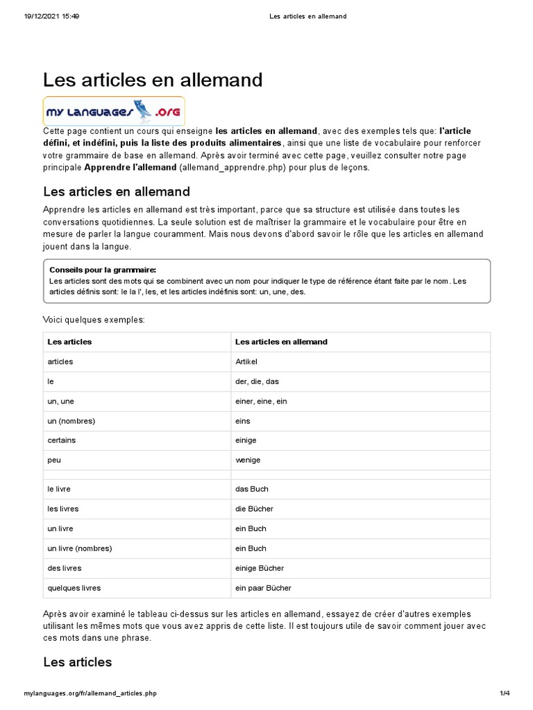 Articles en allemand : Guide pratique | PDF | Langue allemande | Cuisine