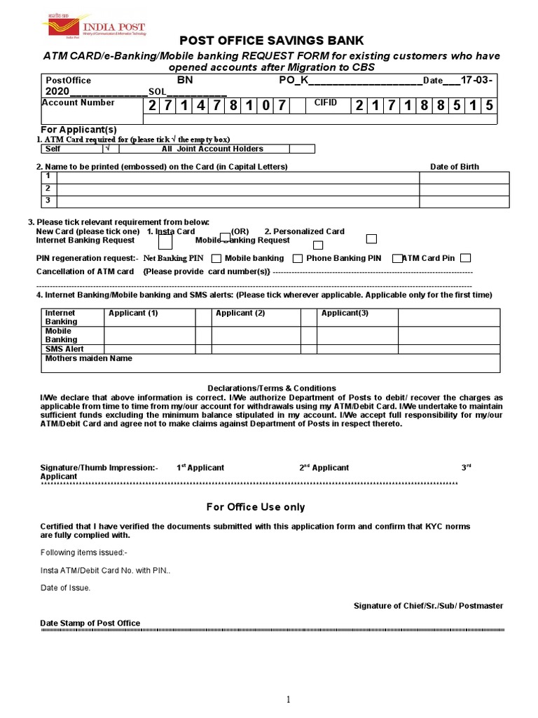 ATM-e-Banking, Mobile Banking Request Form For CBS Customers | PDF ...