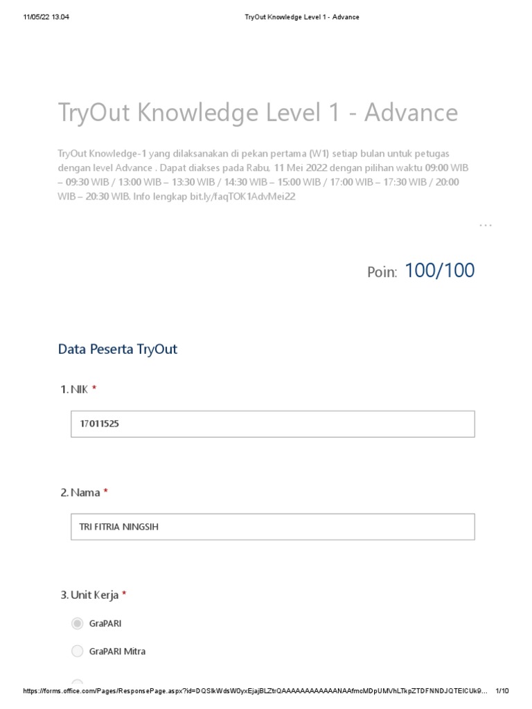 TryOut Knowledge Level 1 - Advance | PDF