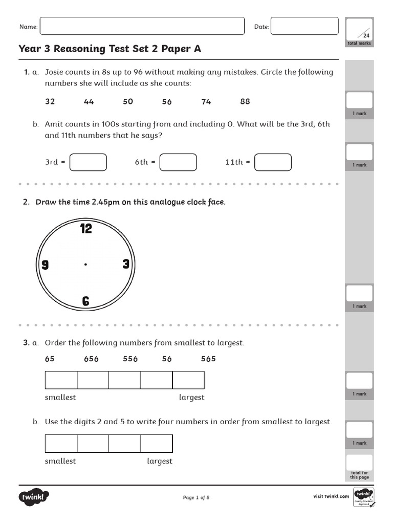 Year 3 Reasoning Test Set 2 Paper A | PDF