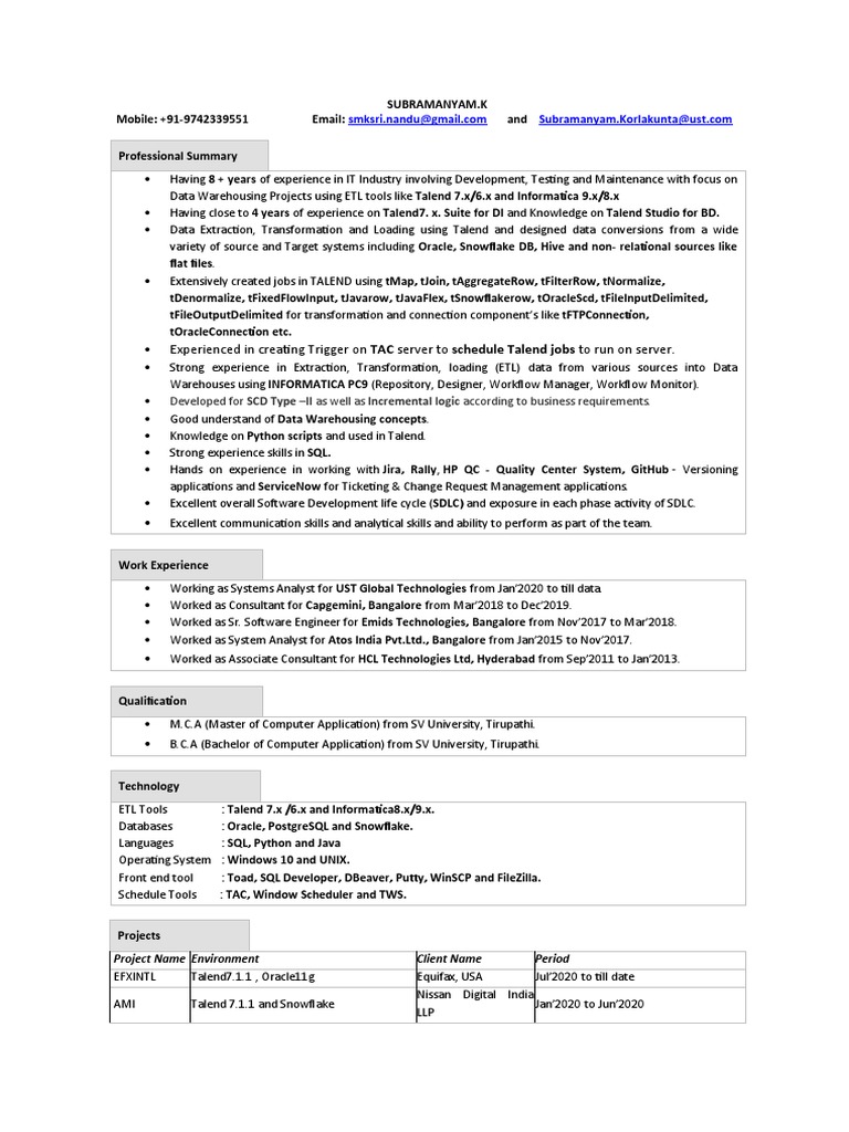 Talend ETL Developer Resume Summary | PDF | Data Warehouse ...