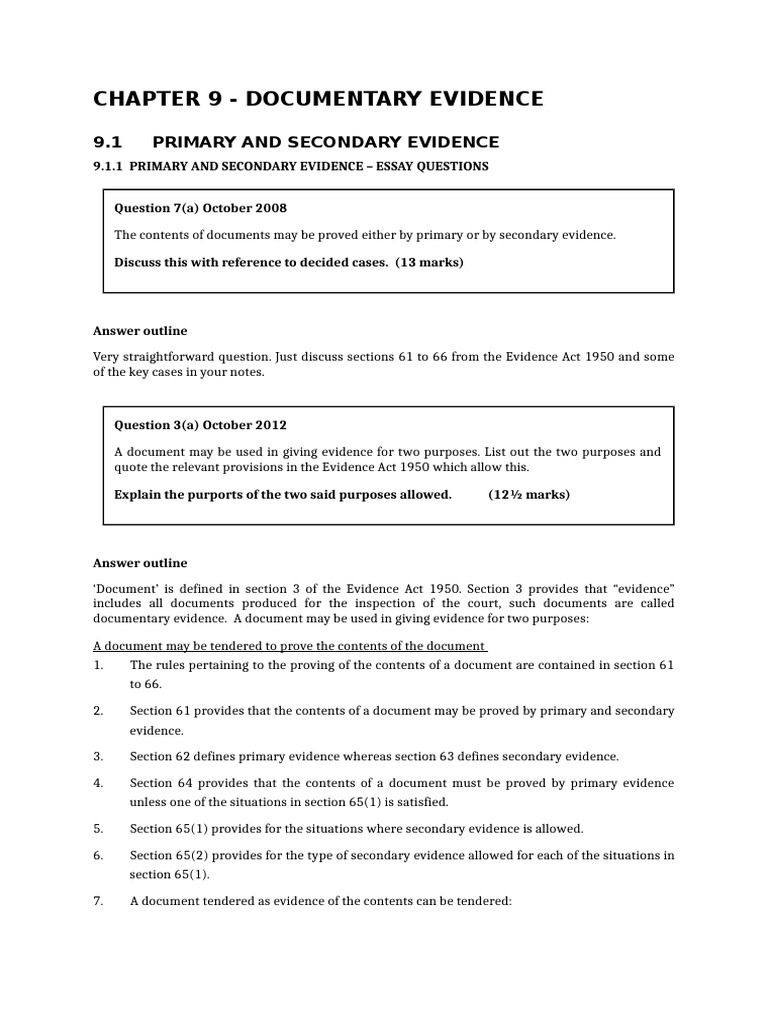 Chapter 9 - Documentary Evidence: 9.1 Primary and Secondary Evidence ...