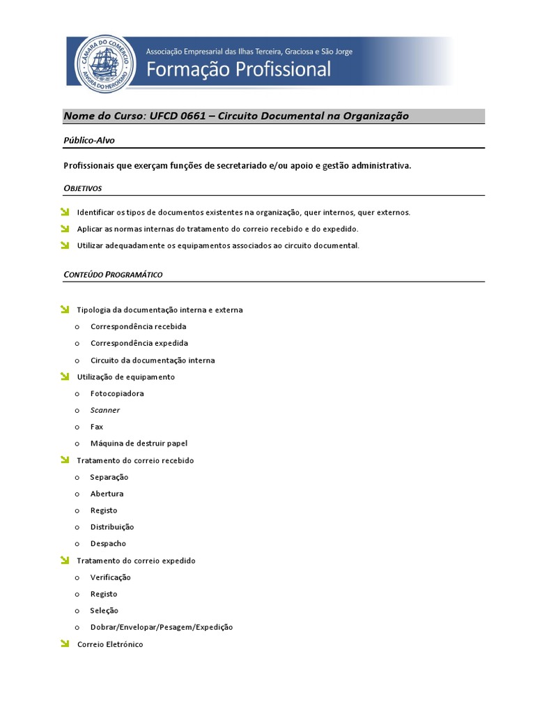 Nome Do Curso: UFCD 0661 - Circuito Documental Na Organização | PDF