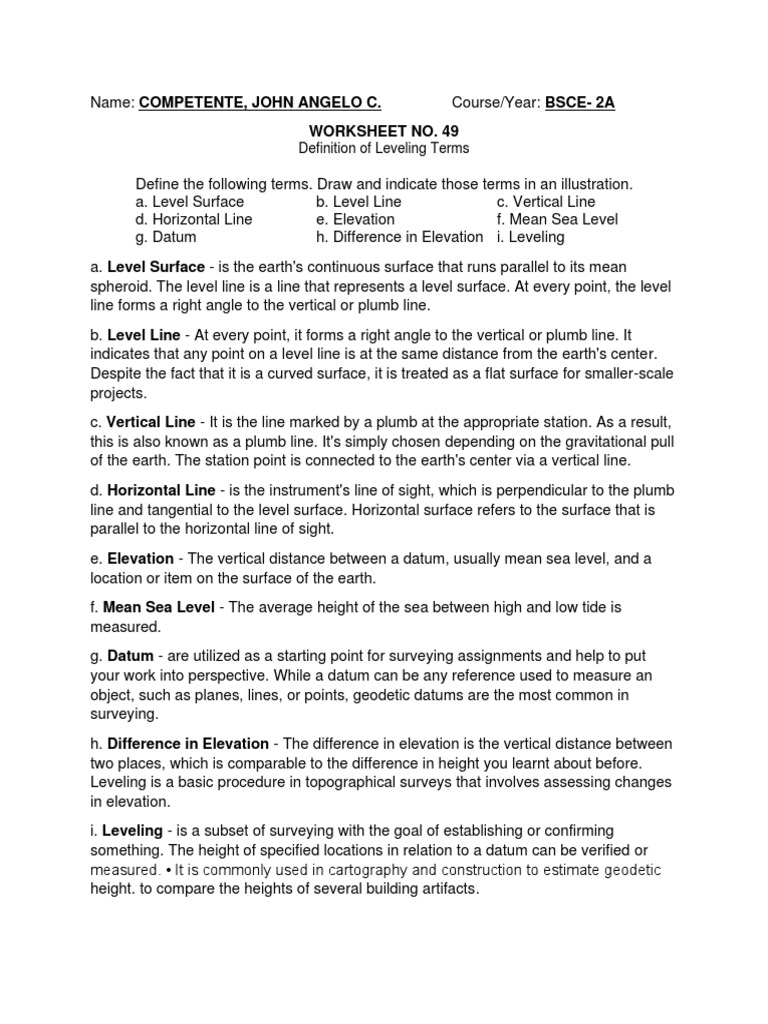 Worksheet No. 49: Definition of Leveling Terms | PDF | Surveying ...