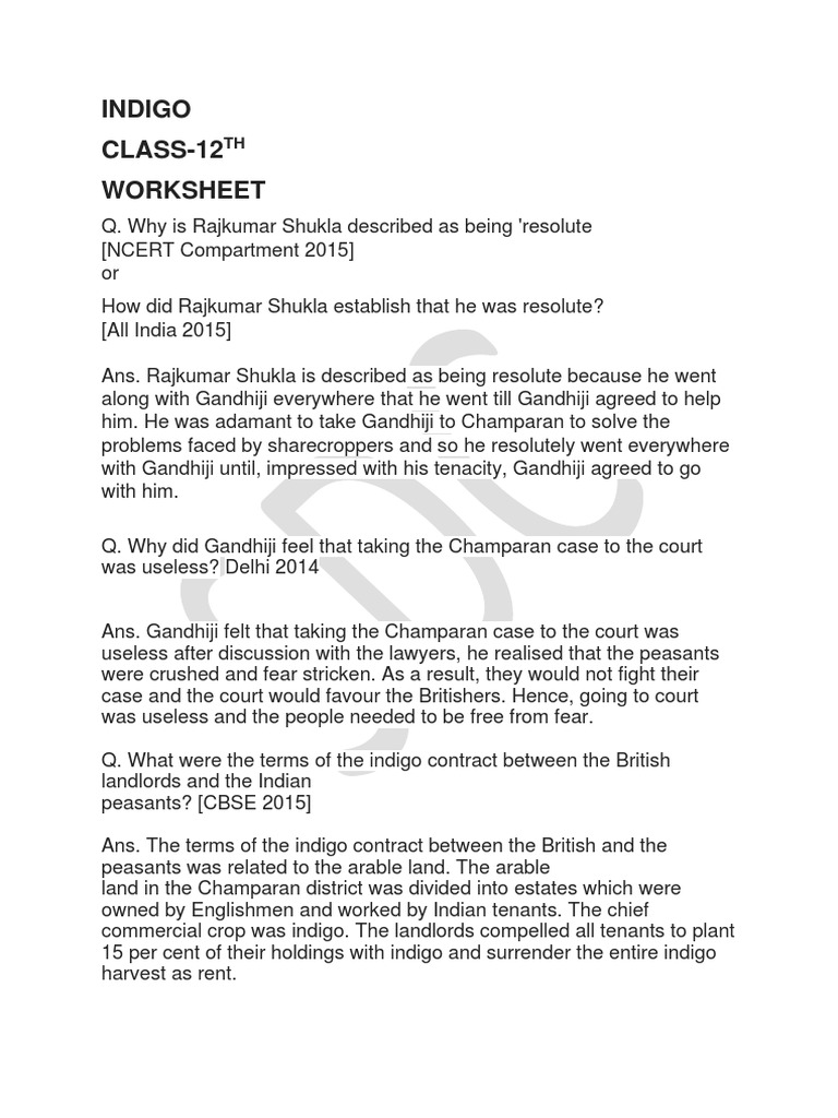 Indigo CLASS-12 Worksheet | PDF | Mahatma Gandhi