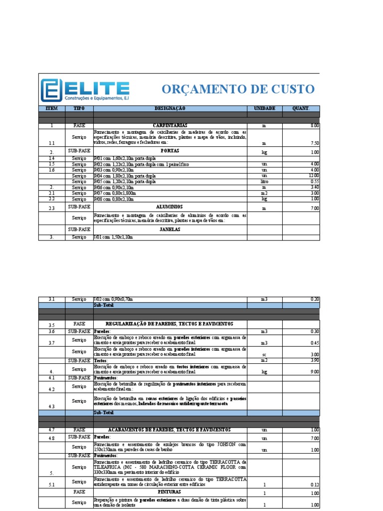 Modelo 2 de Mapa de Quantidades | Download grátis PDF | Argamassa ...
