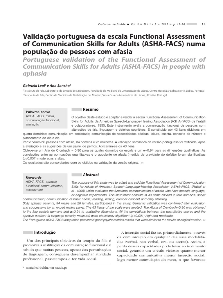Validação Portuguesa Da Escala Functional Assessment of Communication ...
