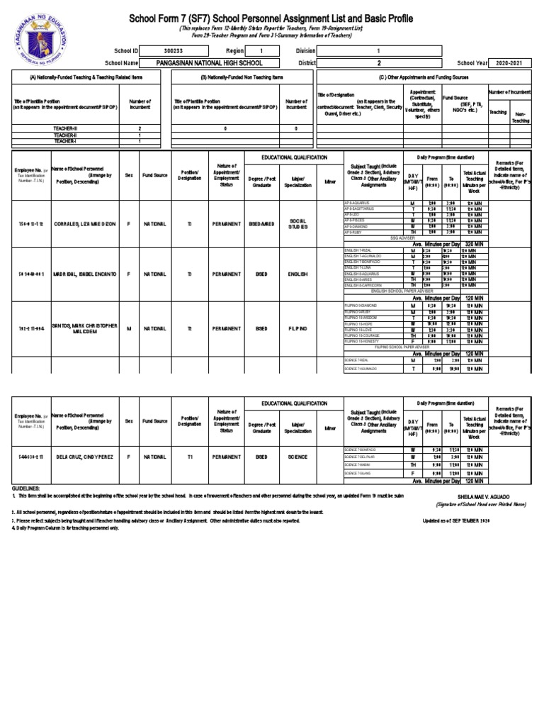 School Form 7 (SF7) School Personnel Assignment List and Basic Profile ...