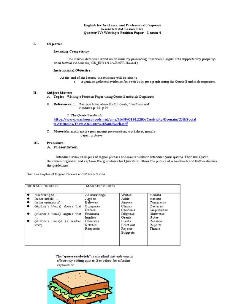 Semi-Detailed Lesson Plan - EAPP Quarter IV - 4a | PDF | Lesson Plan | Evidence