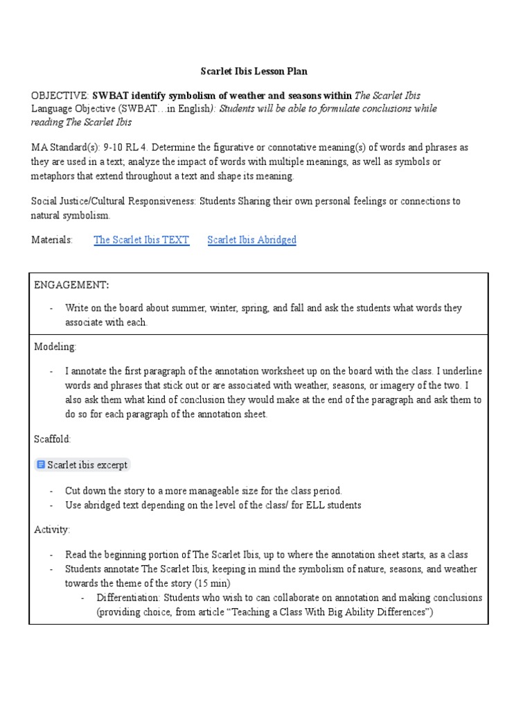 Scarlet Ibis Lesson Plan | PDF | Lesson Plan | Behavior Modification