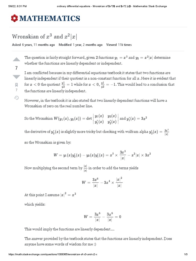 Ordinary Differential Equations - Wronskian of $X 3$ and $X 2 - X - $ - Mathematics Stack ...