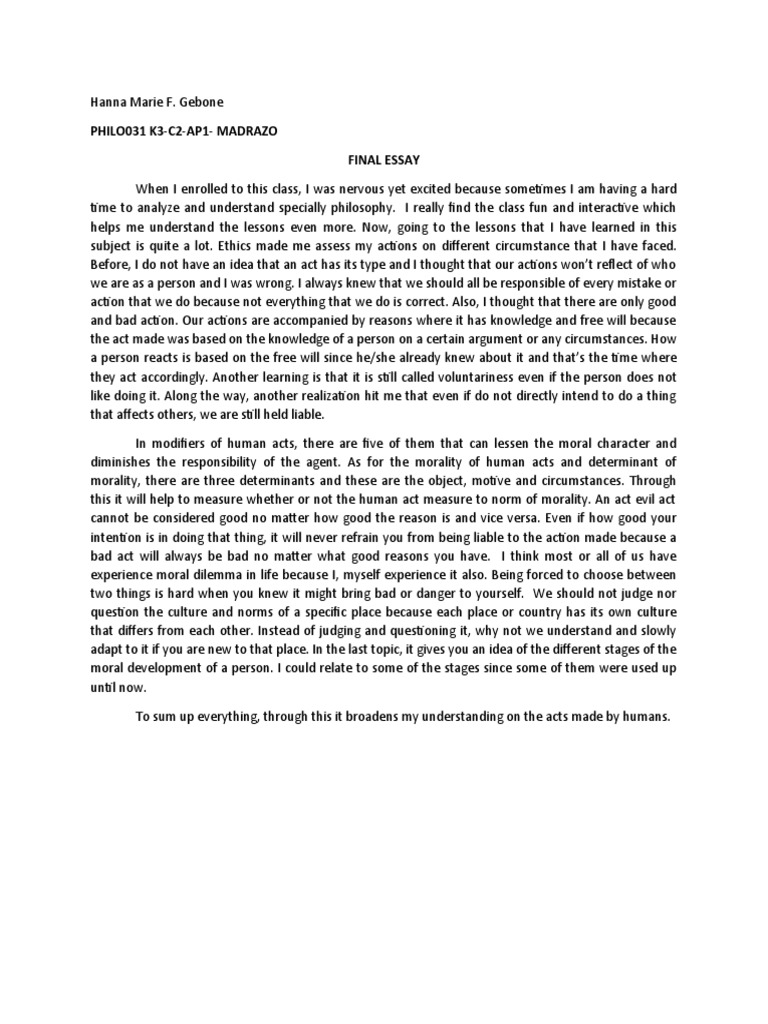 PHILO031 K3-C2-AP1-MADRAZO Final Essay | PDF | Free Will | Reason