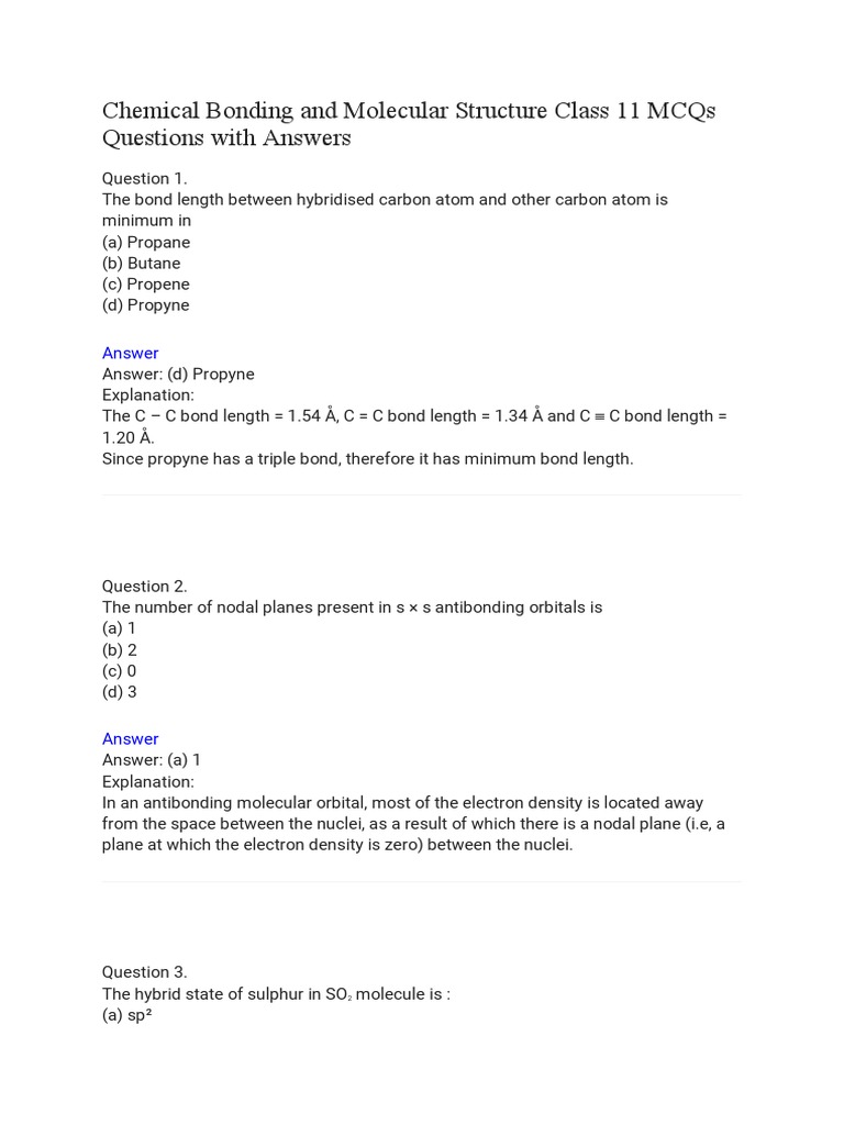 Chemical Bonding and Molecular Structure Class 11 MCQs Questions With ...