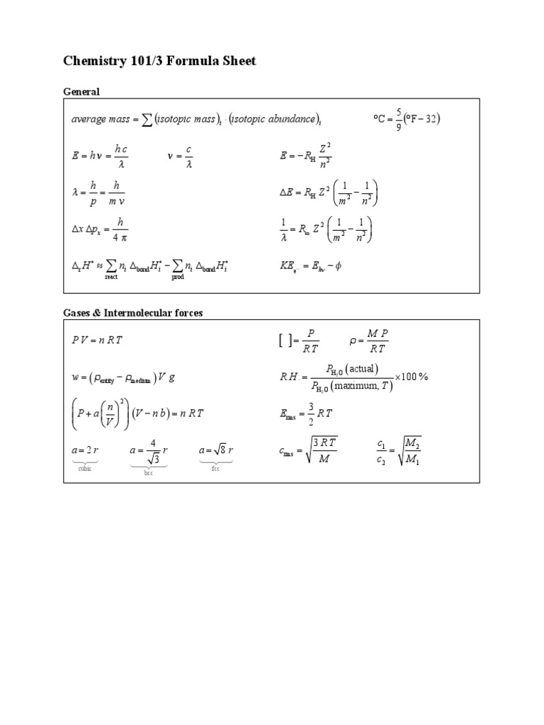 Chemistry 101/3 and 102/5 Formula Sheets | PDF | Chemistry | Analytical ...
