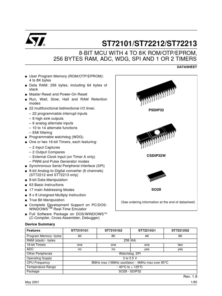 ST72101/ST72212/ST72213: 8-Bit Mcu With 4 To 8K Rom/Otp/Eprom, 256 ...