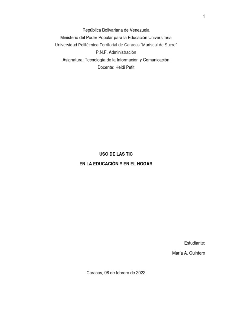 Uso De Las Tic En La Educación Y En El Hogar Pdf Tecnología De
