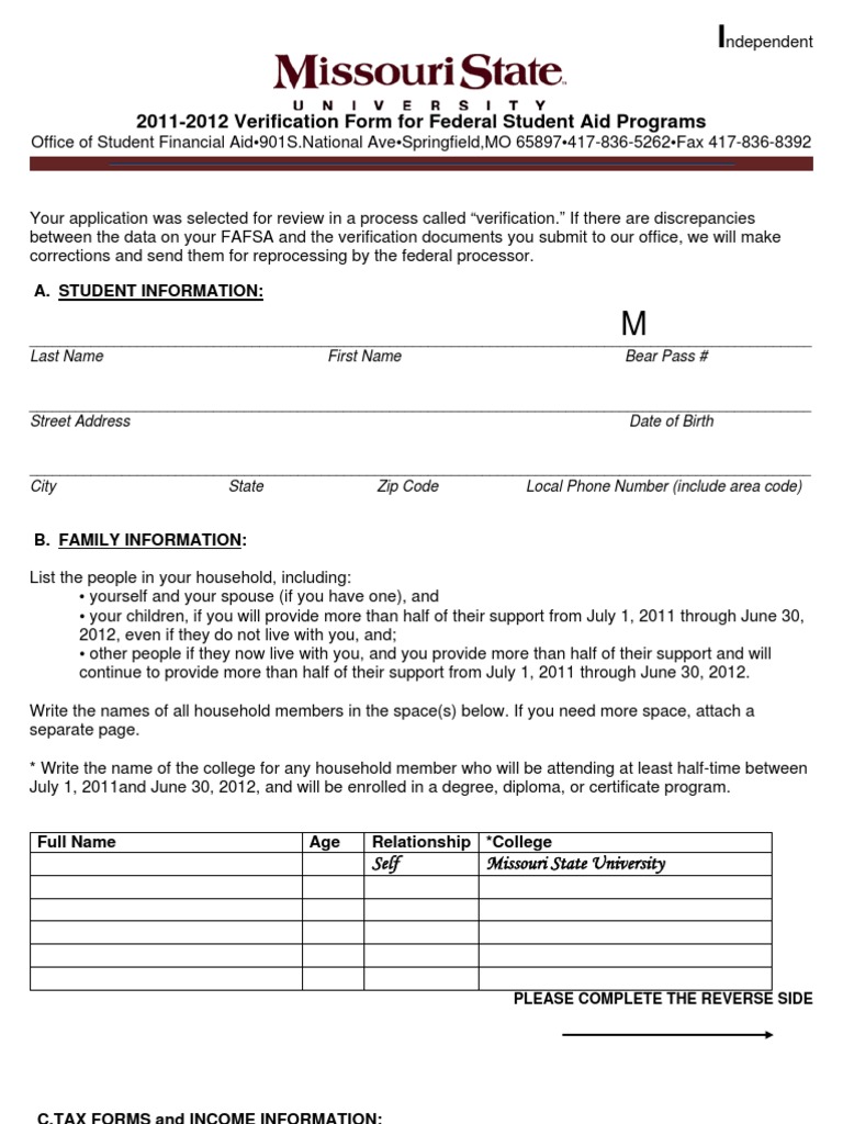 Financial Aid Verification Form 2011-2012 | PDF | Welfare | Income Tax ...