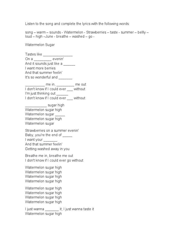 Watermelon Sugar Lyrics | PDF | Cooking, Food & Wine