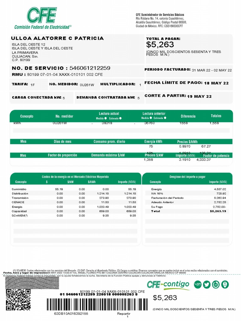 Recibo Cfe | PDF | Energia electrica | Poder (Física)
