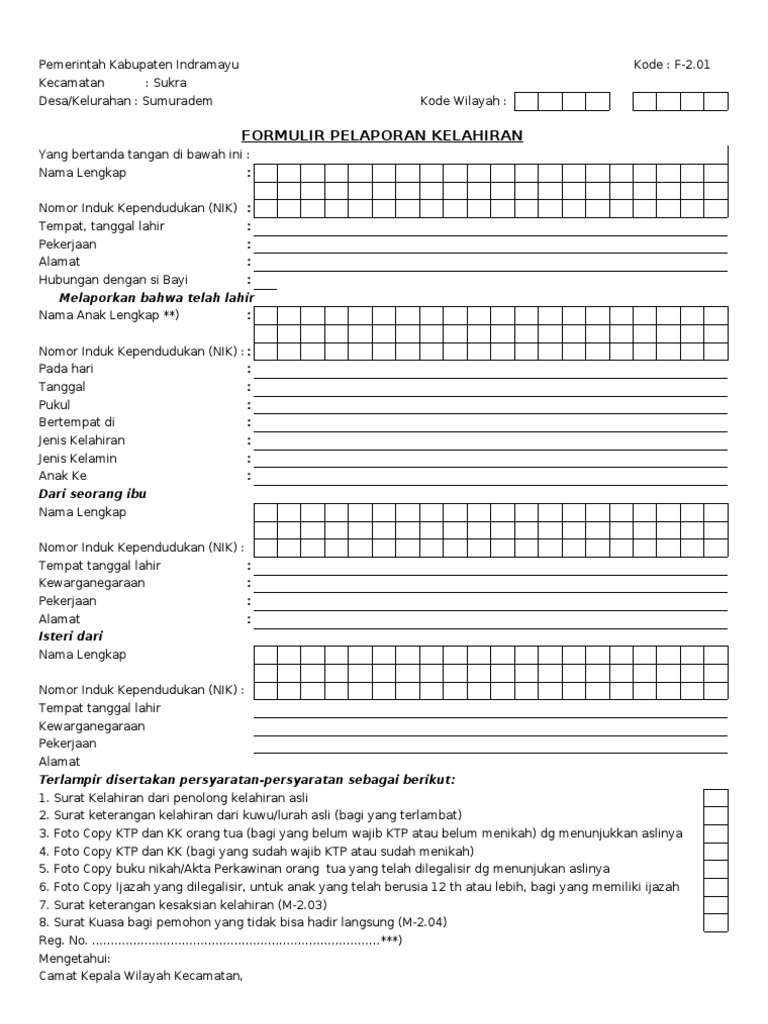 Formulir Pelaporan Akta Kelahiran | PDF