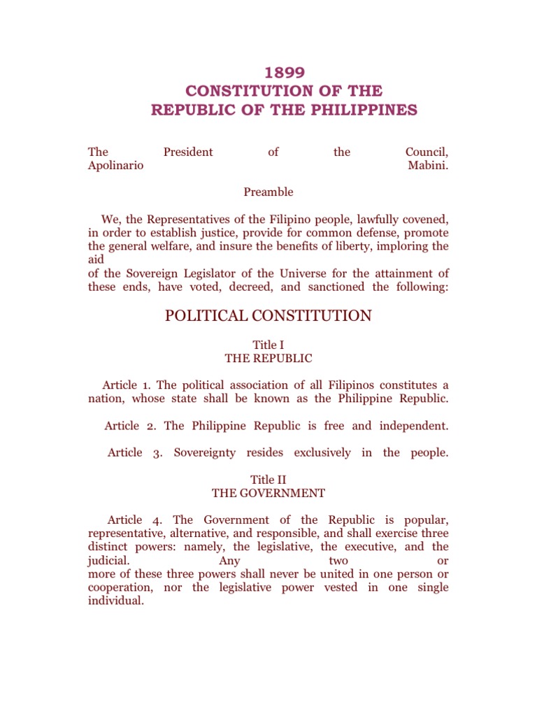 1899 Constitution - Malolos Constitution | President Of The Philippines ...