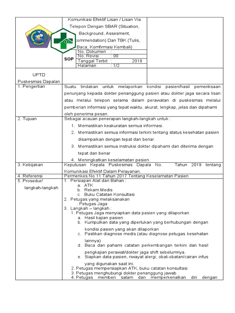 Sop Komunikasi Efektif Sbar Dan TBK | PDF