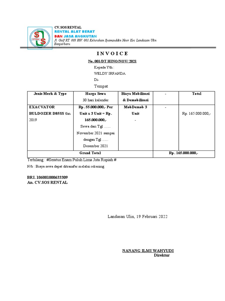 Rental Alat Berat CV SOS Invoice Rp 165 Juta | PDF