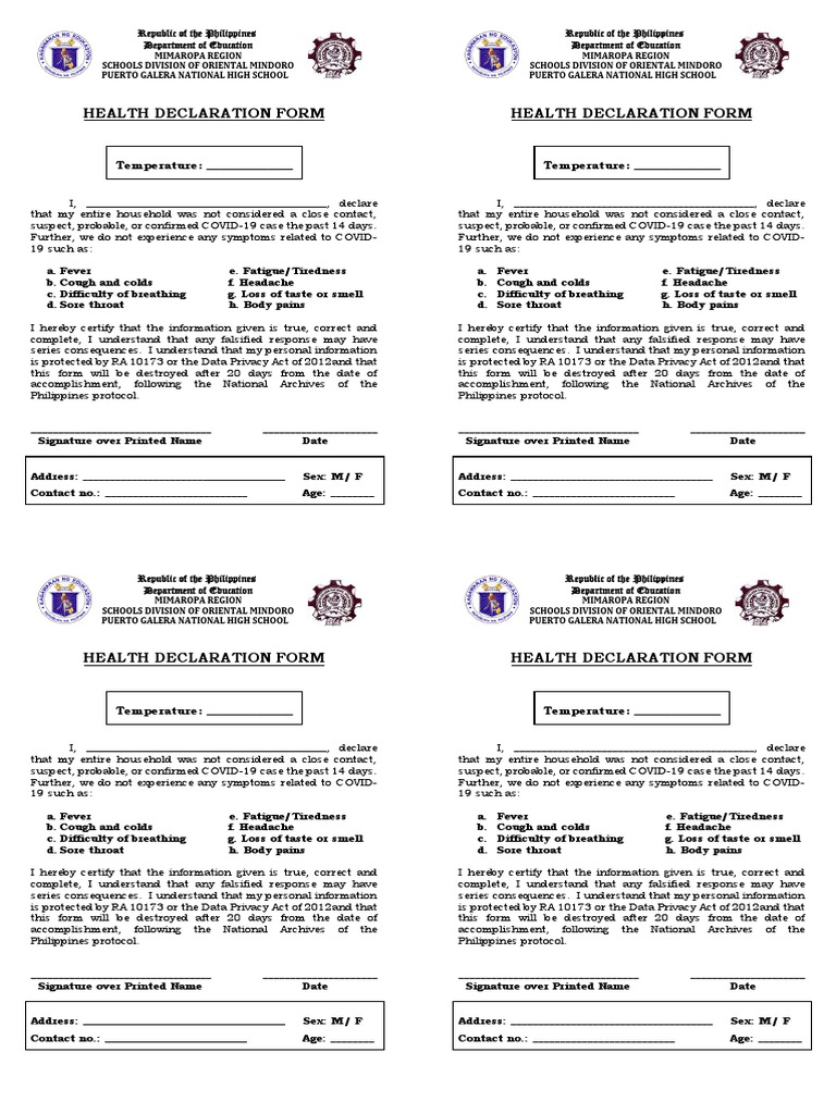 Health Declaration Form | PDF | Common Cold | Symptoms And Signs