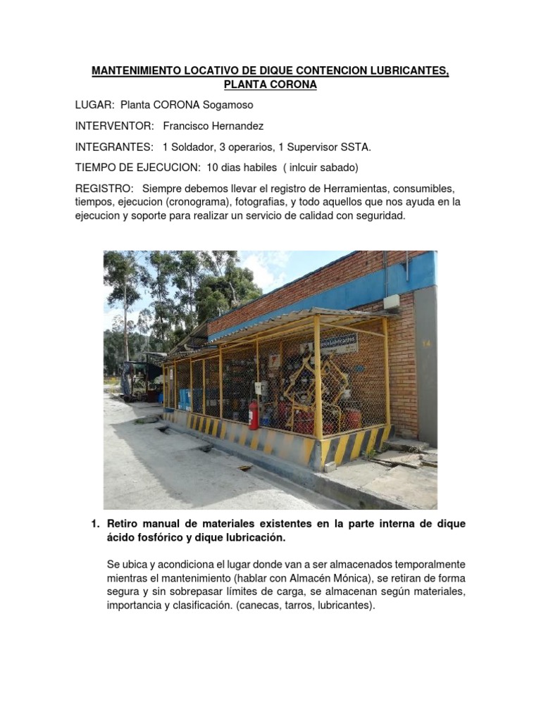 Mantenimiento Locativo de Dique Contencion Lubricantes Corona | PDF ...