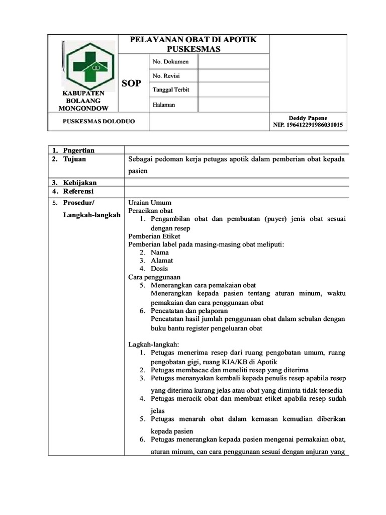 Sop Pelayanan Apotik Dipkm | PDF