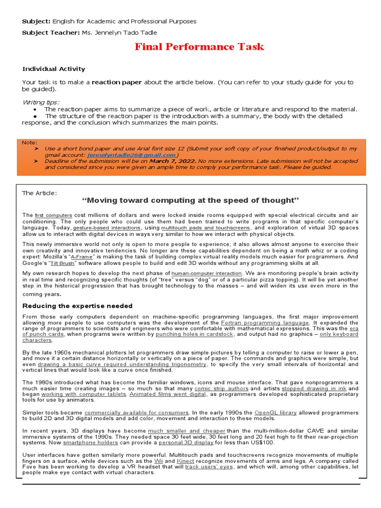Final Performance Task: "Moving Toward Computing at The Speed of Thought" | Download Free PDF ...