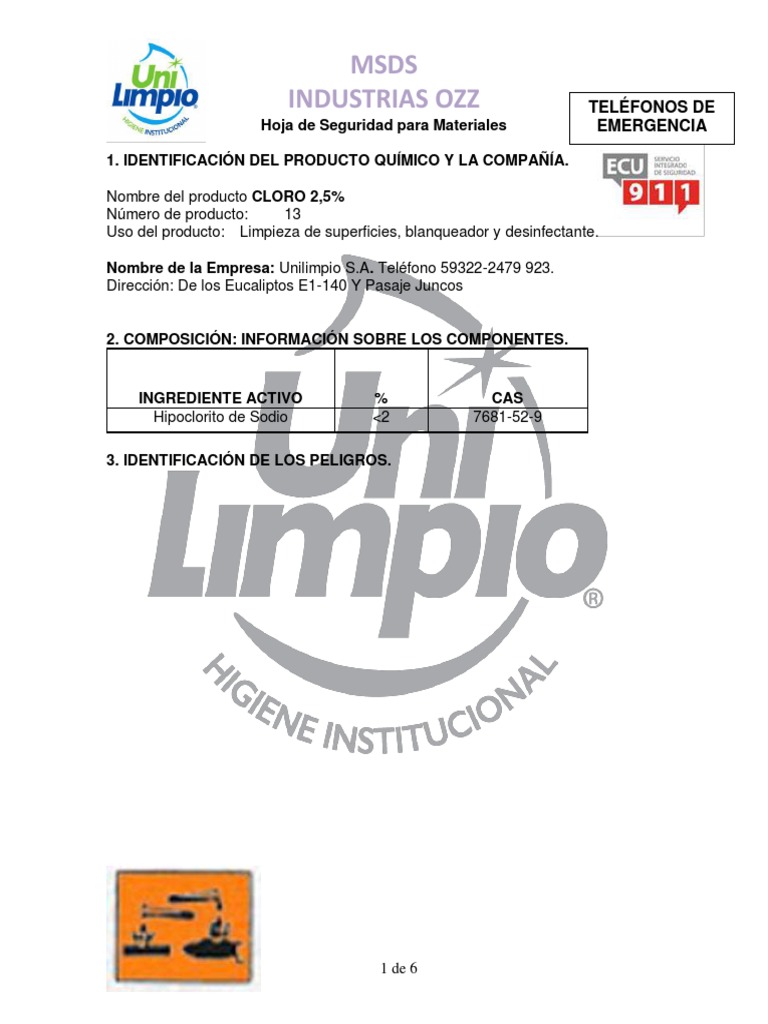 MSDS Cloro Ozz | PDF | Blanqueador | Cloro