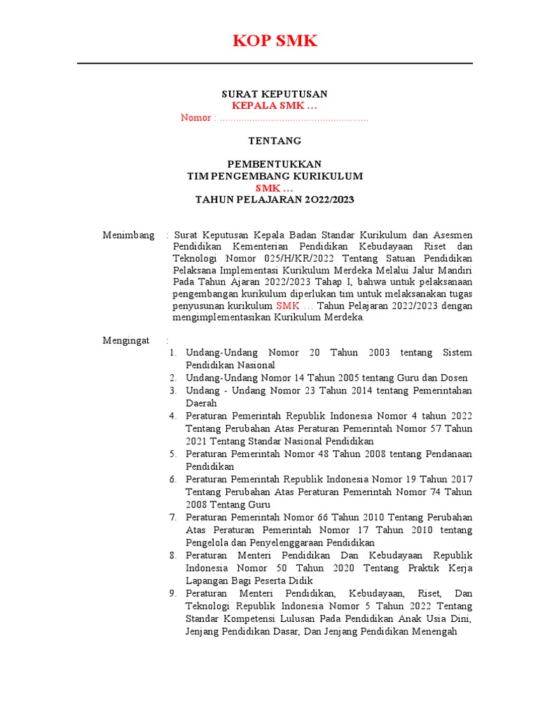 Contoh SK Tim Pengembang Kurikulum Merdeka Belajar 2022 | PDF