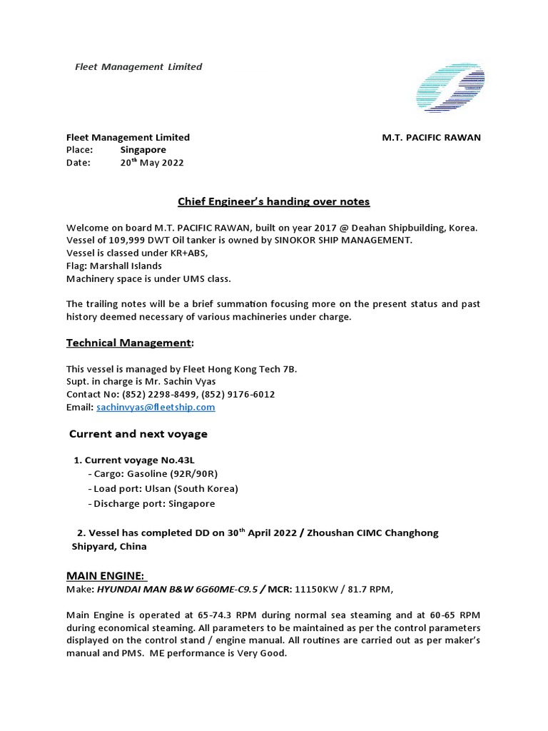 Chief Engineer Hand Over Report - Pacific Rawan - May 2022 | PDF ...