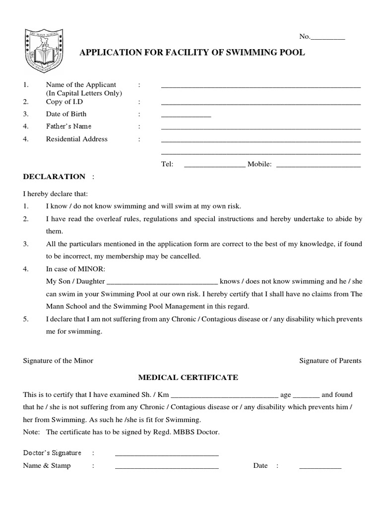 Application For Membership of Swimming Pool For Summer Break 2022 | PDF ...