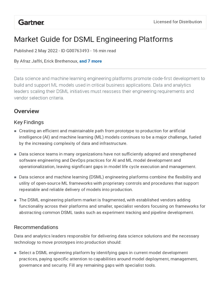 The 2022 Gartner Market Guide For DSML Engineering Platforms | PDF | Cloud Computing | Computing