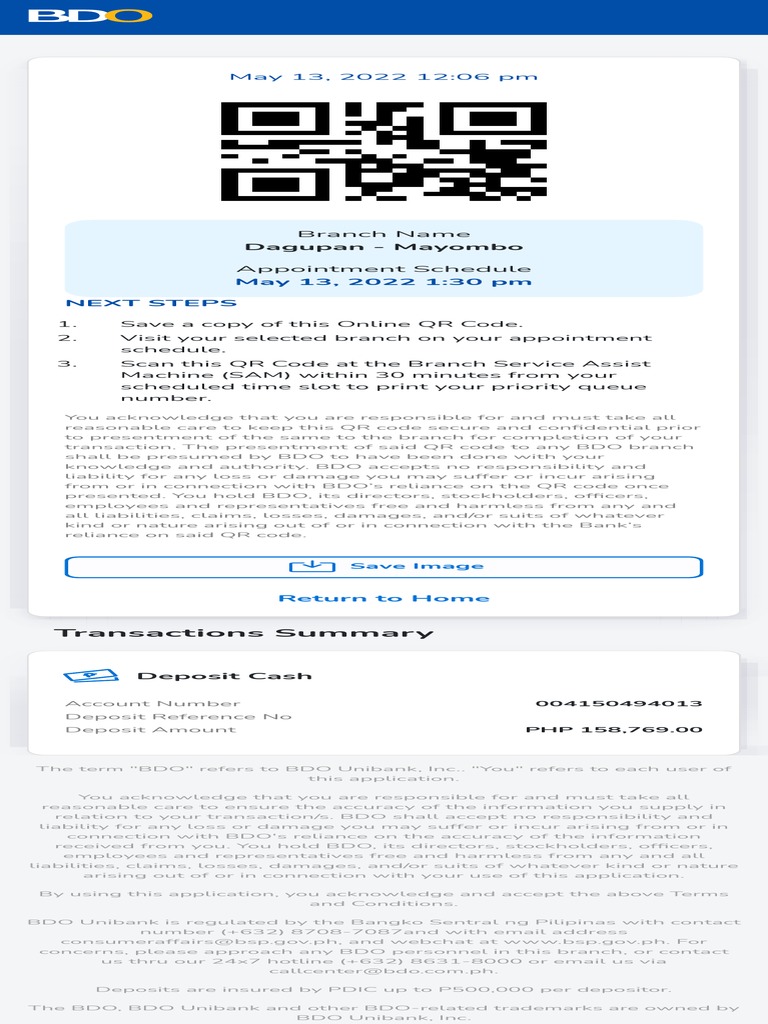 Book Your Branch Visit BDO Unibank, Inc | PDF | Qr Code | Banking