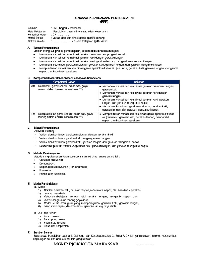 RPP 8 - Aktivitas Renang | PDF