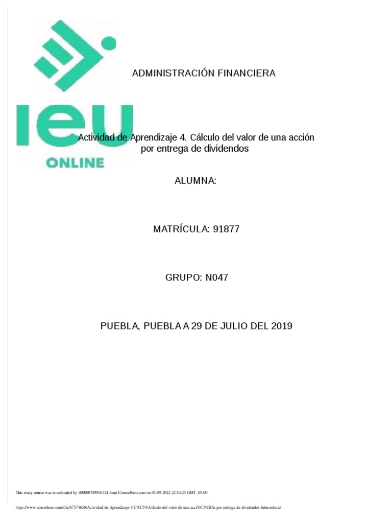Actividad de Aprendizaje 4. C Lculo Del Valor de Una Acci N Por Entrega de Dividendos Futuros | PDF