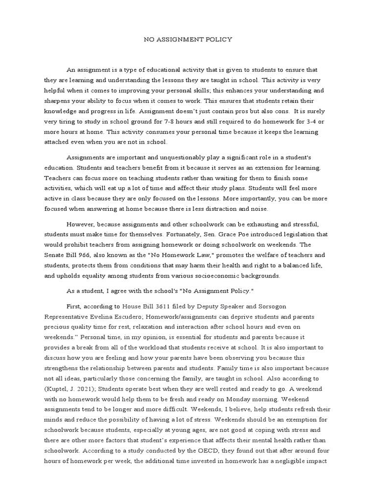 No Assignment Policy | PDF | Homework | Teachers