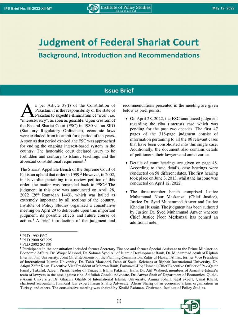 Judgement of Federal Shariat Court: Background, Introduction and ...