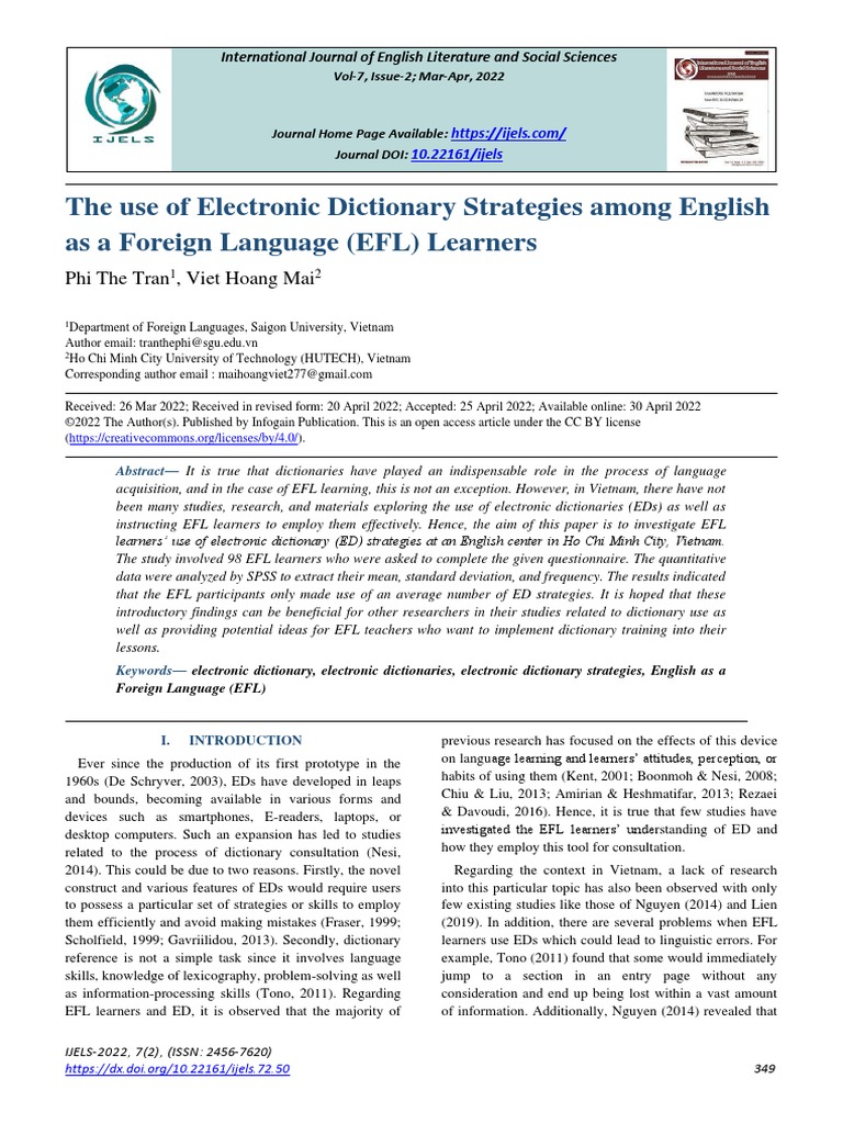 The Use of Electronic Dictionary Strategies Among English As A Foreign ...