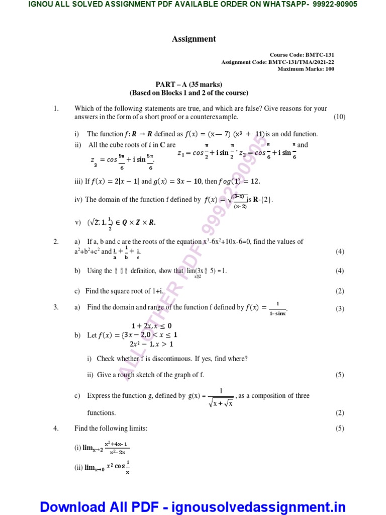 BMTC-131 Assignment Solutions 2021-22 | PDF | Mathematical Analysis | Mathematical Relations