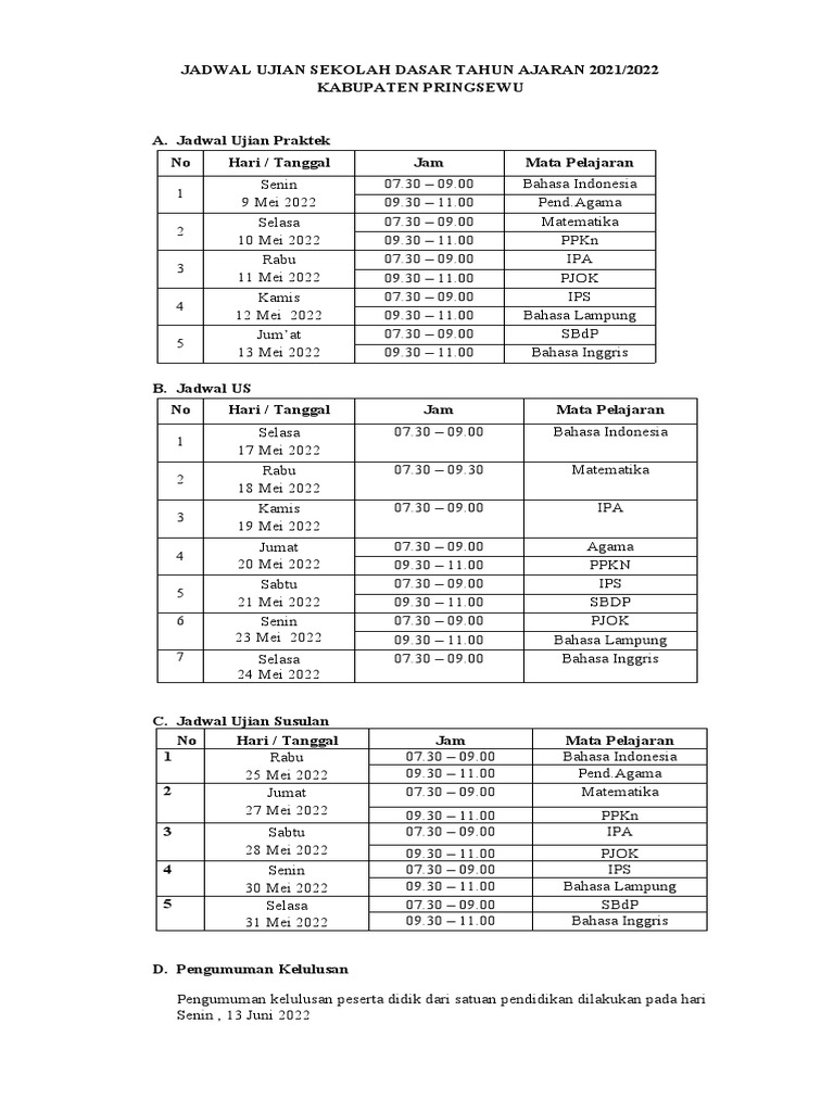 Jadwal Ujian Sekolah Dasar Tahun Ajaran 2021-22 | PDF