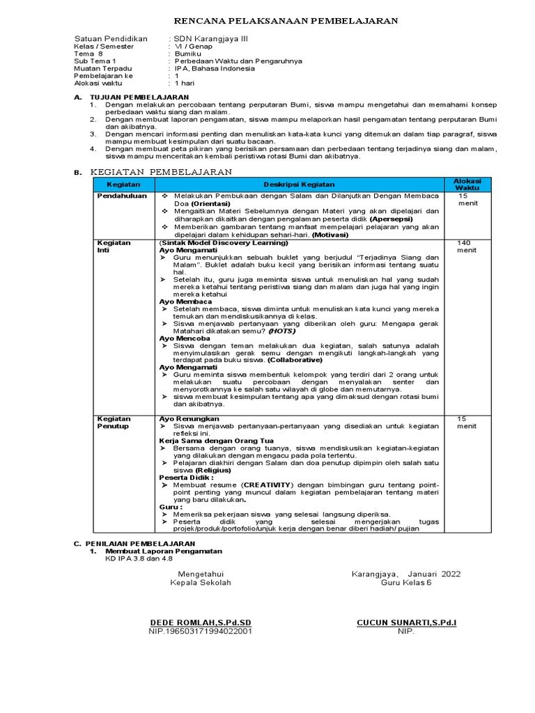 RPP Kelas 6 Tema 8 Sub 1 PB 1 | PDF | Karier & Perkembangan