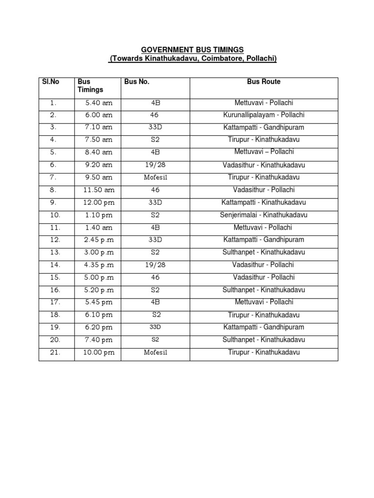 Government Bus Timings Coimbatore Pollachi Tiruppur | PDF