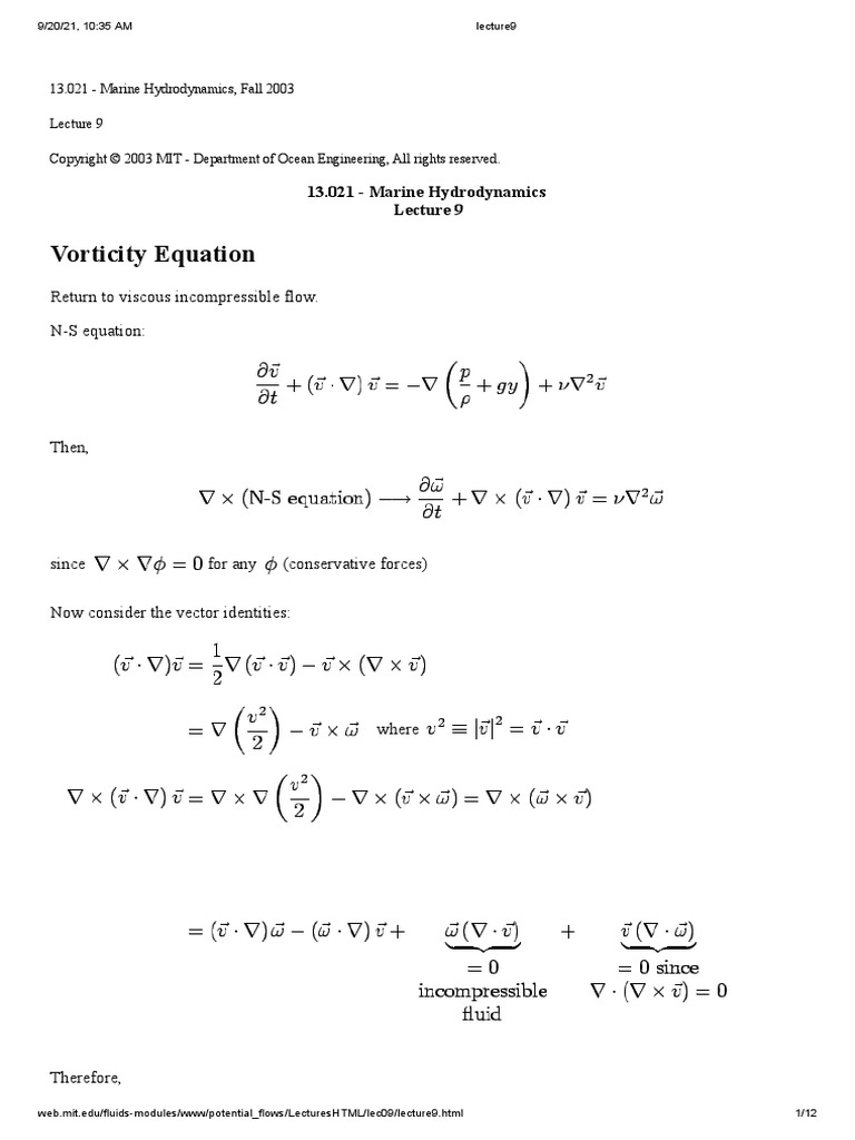 Vorticity Equation: 13.021 - Marine Hydrodynamics | PDF | Fluid ...